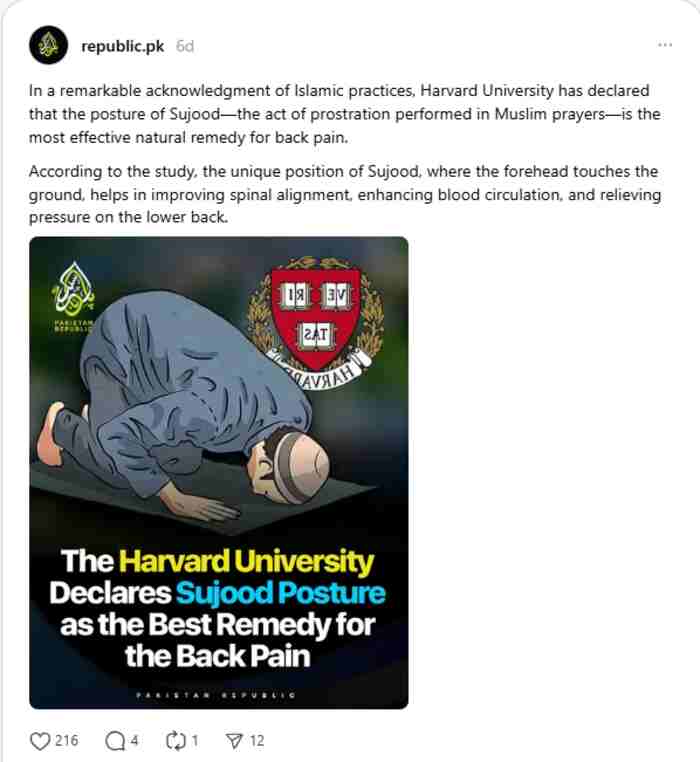 Did Harvard University declare the sujood posture the best remedy for ...